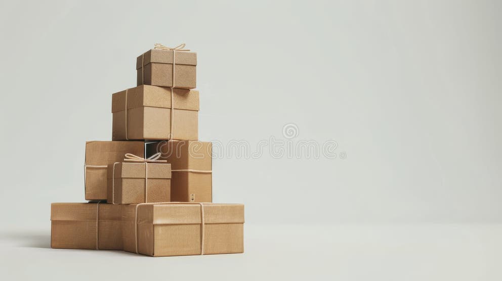 Stack of Cardboard Boxes Tied with String on Light Background ...