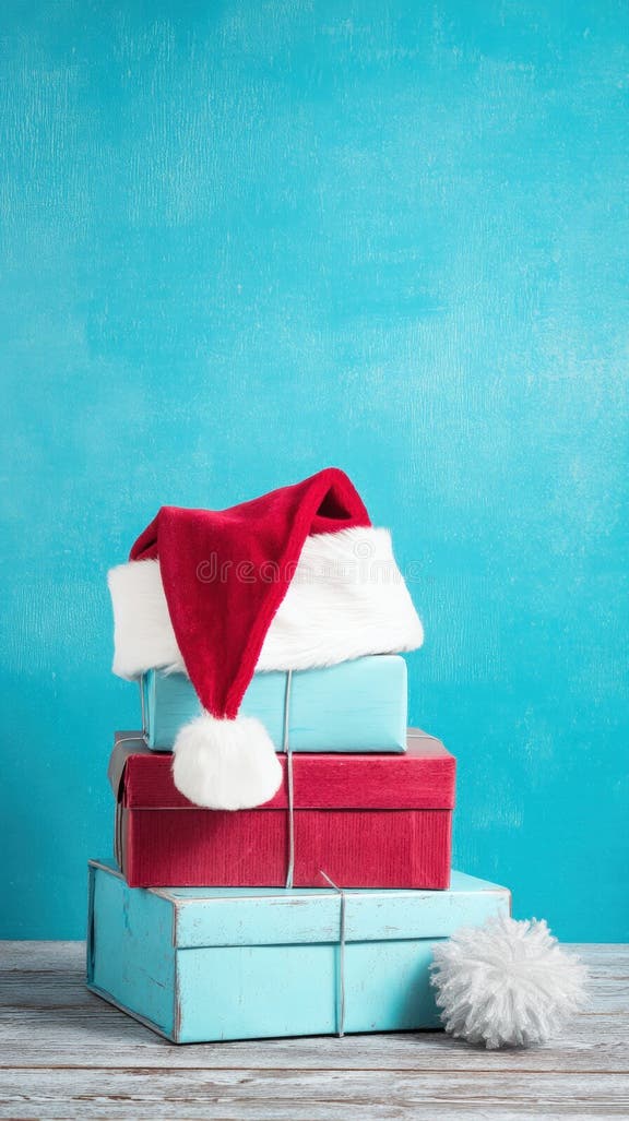 Stack of Cardboard Boxes Topped with a Red Santa Hat on a White Background, Studio Lighting ...