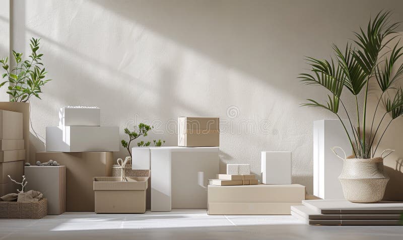 Stack of Cardboard Boxes in White Room with Sunlight. Space for Text ...