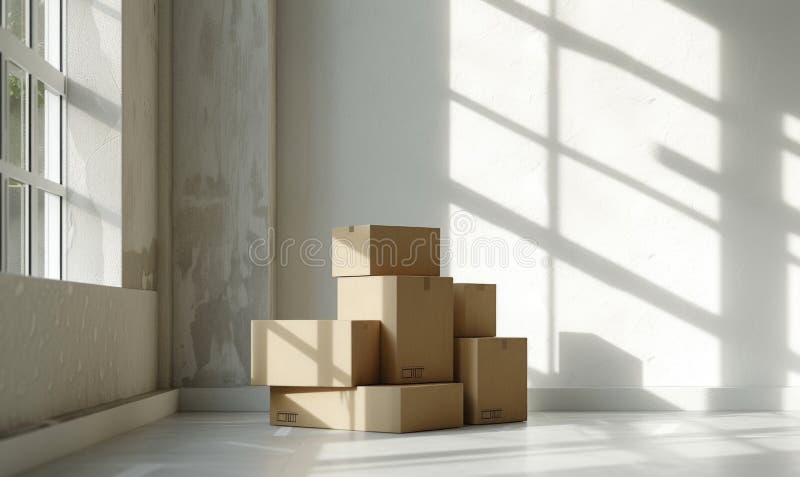 Stack of Cardboard Boxes in White Room with Sunlight. Space for Text ...