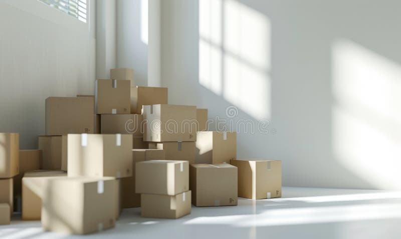 Stack of Cardboard Boxes in White Room with Sunlight. Space for Text ...