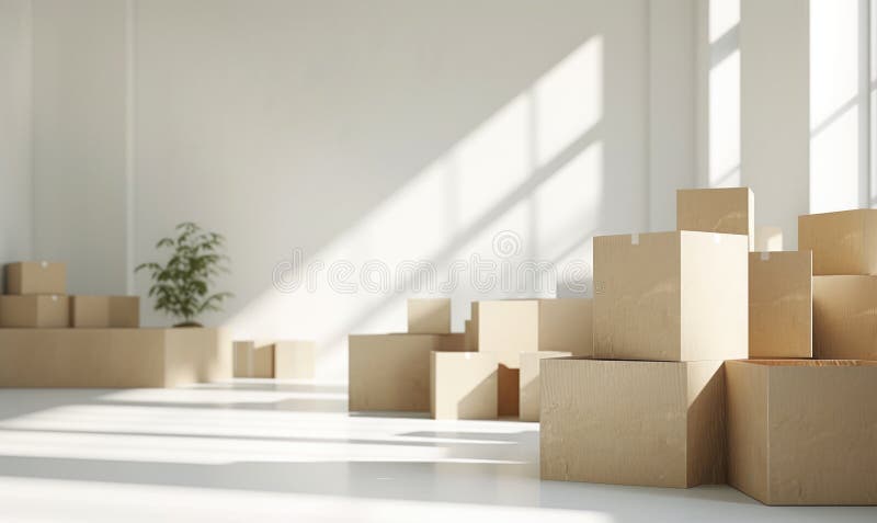 Stack of Cardboard Boxes in White Room with Sunlight. Space for Text ...
