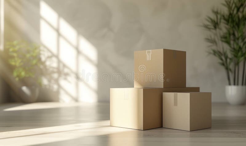 Stack of Cardboard Boxes in White Room with Sunlight. Space for Text ...