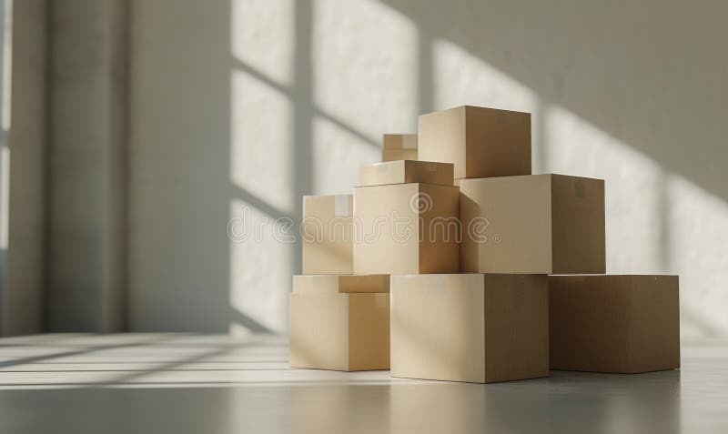 Stack of Cardboard Boxes in White Room with Sunlight. Space for Text ...
