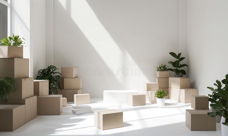 Stack of Cardboard Boxes in White Room with Sunlight. Space for Text ...
