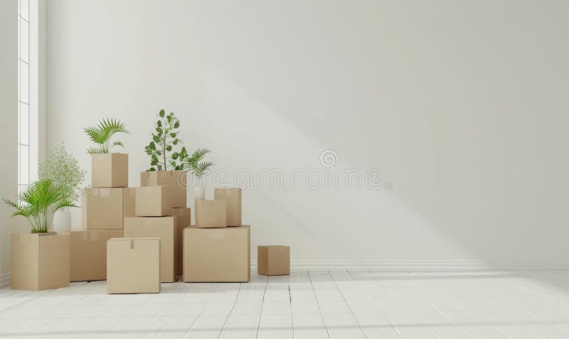 Stack of Cardboard Boxes in White Room with Sunlight. Space for Text ...