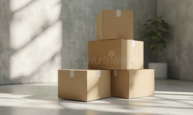 Stack of Cardboard Boxes in White Room with Sunlight. Space for Text ...