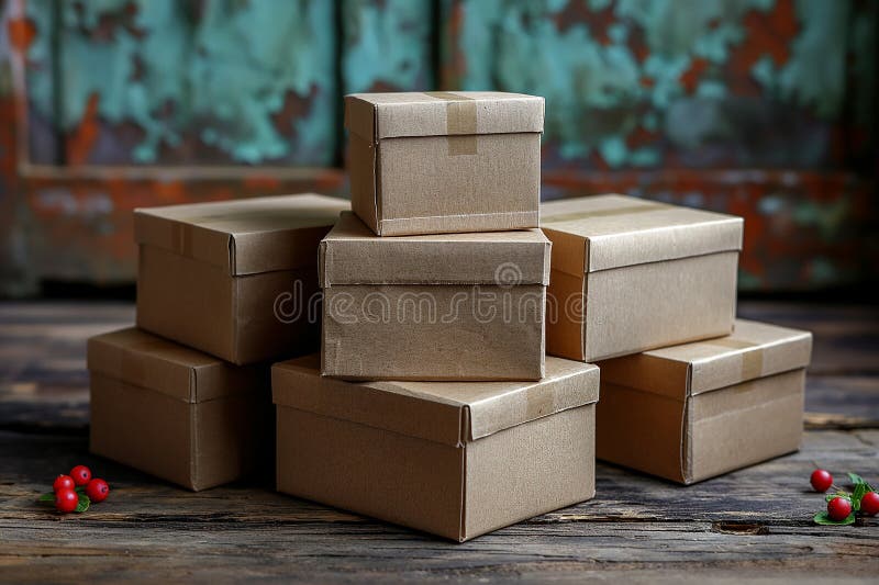 Stack of Cardboard Boxes on Wooden Table Stock Photo - Image of trade ...