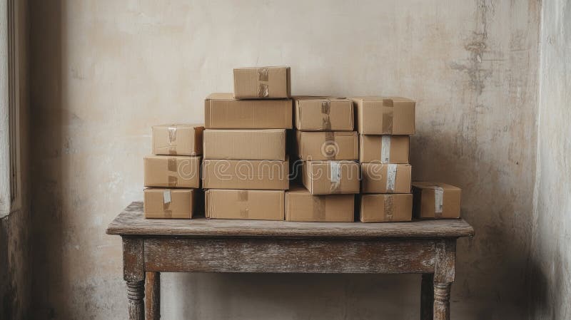 Stack of Cardboard Boxes on a Wooden Table Stock Image - Image of ...