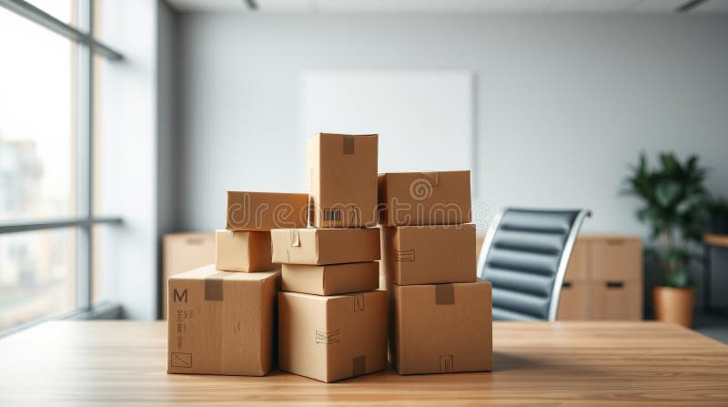 Stack of Cardboard Boxes on a Wooden Table in an Office. Ready for ...