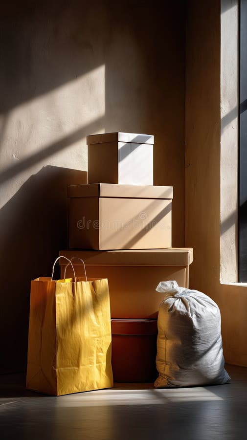 Stack of Cardboard Boxes, Yellow Shopping Bag, and White Sack in Soft ...