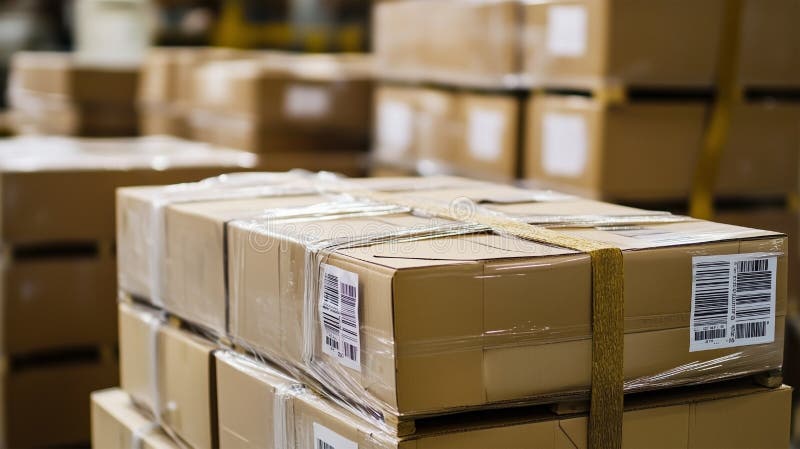 A Stack of Cardboard Boxes with a Yellow Tape on the Top Stock ...