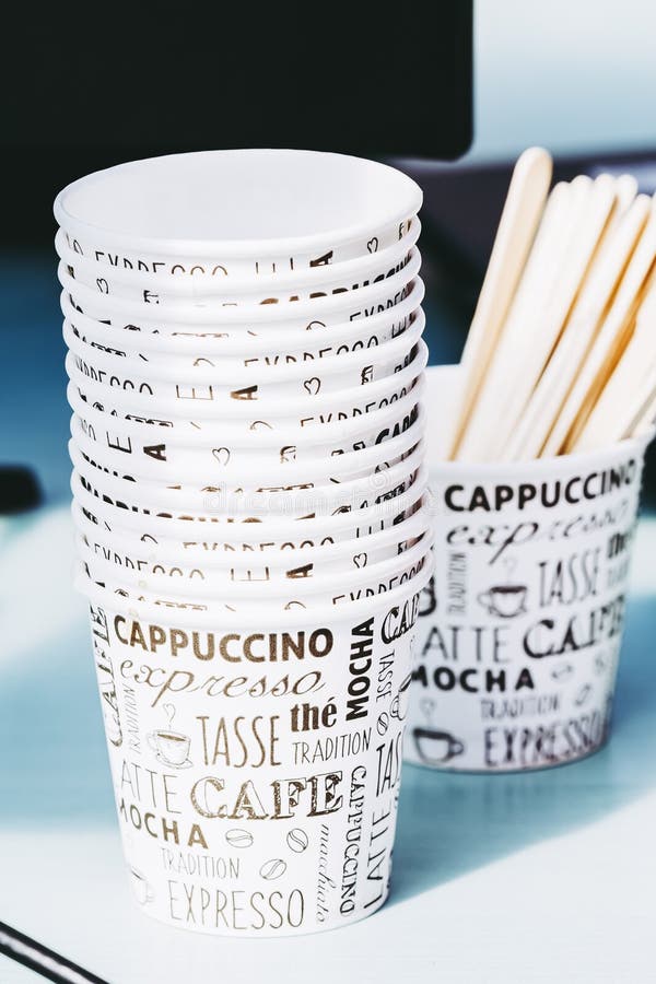 Stack of Cardboard Coffee Cups with Inscriptions Stock Image - Image of ...