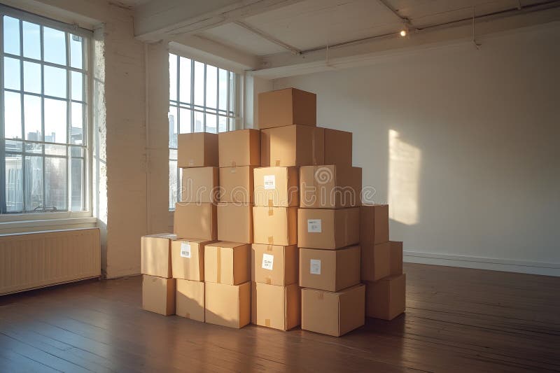 Stack of Cardboard Moving Boxes in Sunlit Room Stock Illustration ...
