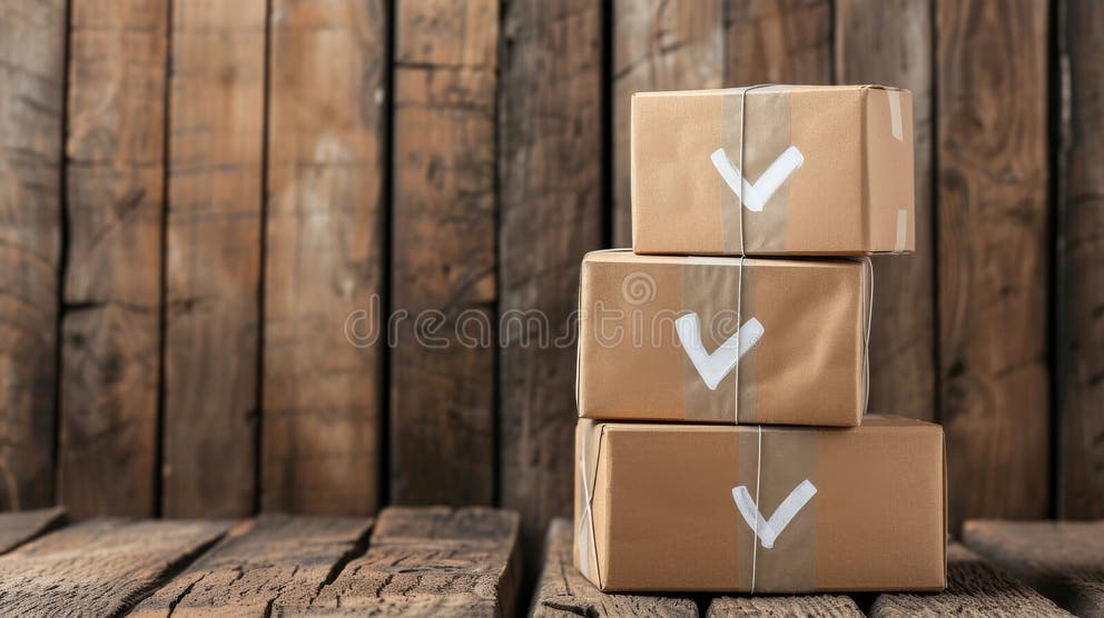 Stack of Cardboard Parcels with Checkmarks on Rustic Wooden Background ...
