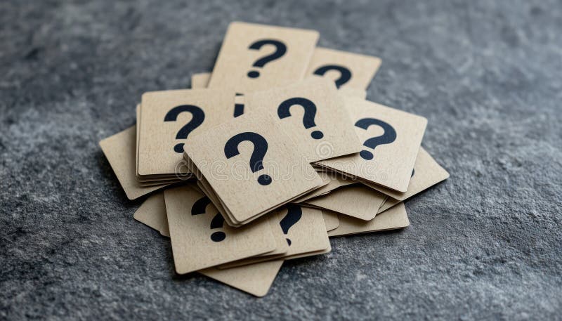 Stack of Cards Adorned with Printed Question Marks on a Textured Gray ...