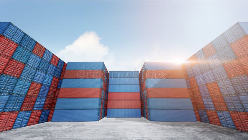 Containers Yard on Blue Sky Background and Floor Ground with Container ...
