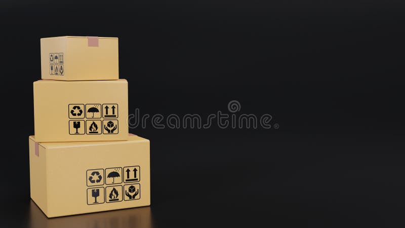 Stack of Carton Boxes on Black Background, 3D Rendering Stock ...