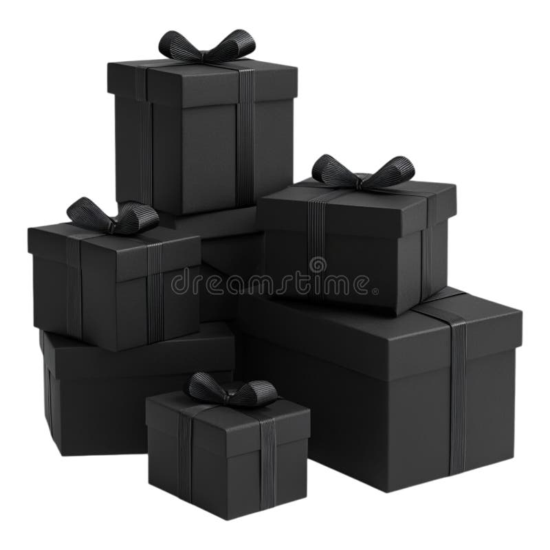 Stack of Cartoon Black Gift Boxes Against Transparent Background Stock ...