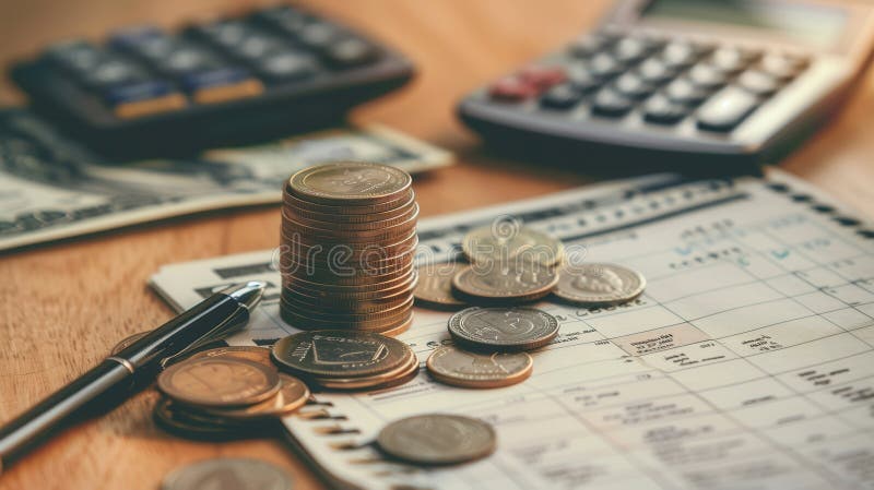 A Stack of Cash Alongside Coins and an Open Notebook Filled with ...