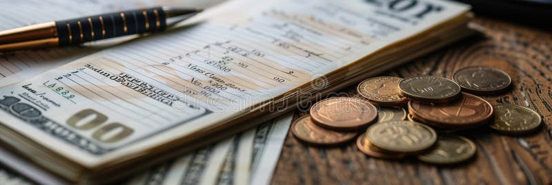 A Stack of Cash and Coins Accompanies an Open Notebook Filled with ...