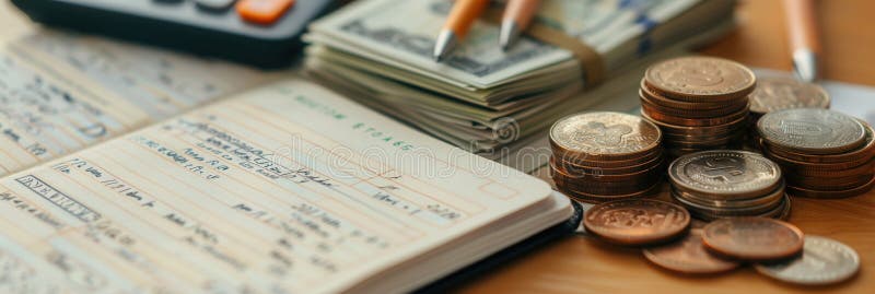 A Stack of Cash and Coins Accompany an Open Notebook Filled with ...
