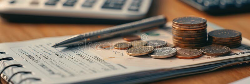 A Stack of Cash and Coins Alongside an Open Notebook Filled with ...