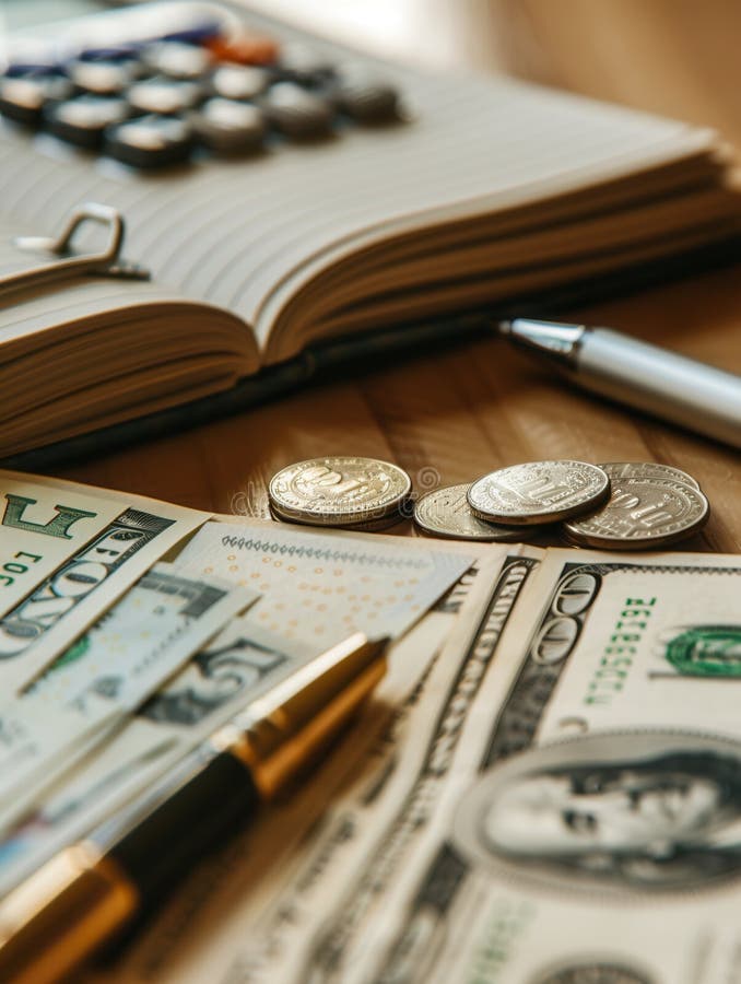 A Stack of Cash and Coins are Arranged Near an Open Notebook Filled ...