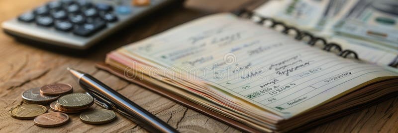 A Stack of Cash and Coins Lie beside an Open Notebook Filled with Notes ...