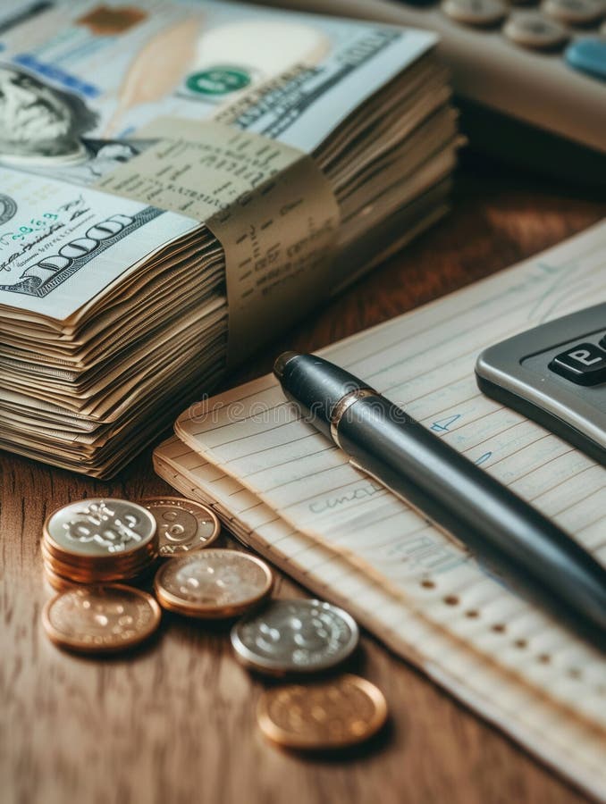 A Stack of Cash and Coins Lies Next To an Open Notebook Filled with ...