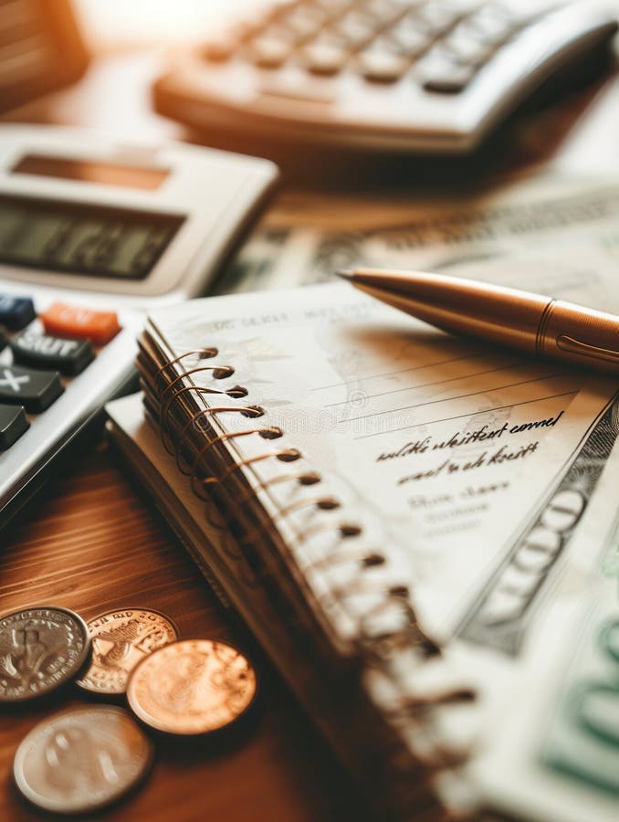 A Stack of Cash, Coins, and an Open Notebook Filled with Calculations ...