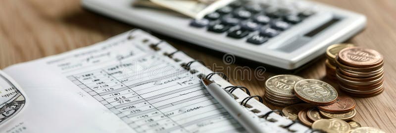 A Stack of Cash and Coins are beside an Open Notebook Filled with Notes ...