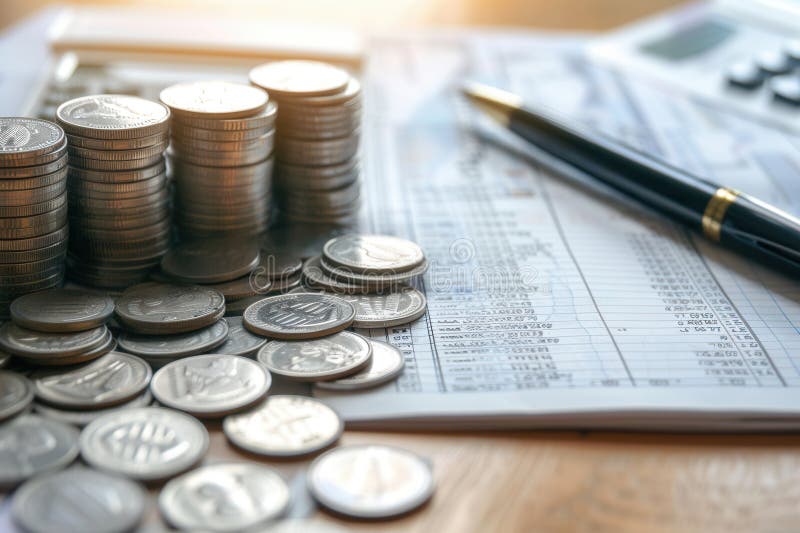 A Stack of Cash and Coins Sit beside an Open Notebook Filled with ...