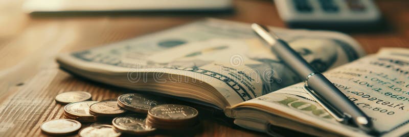 A Stack of Cash and Coins Sit beside an Open Notebook Filled with Notes ...