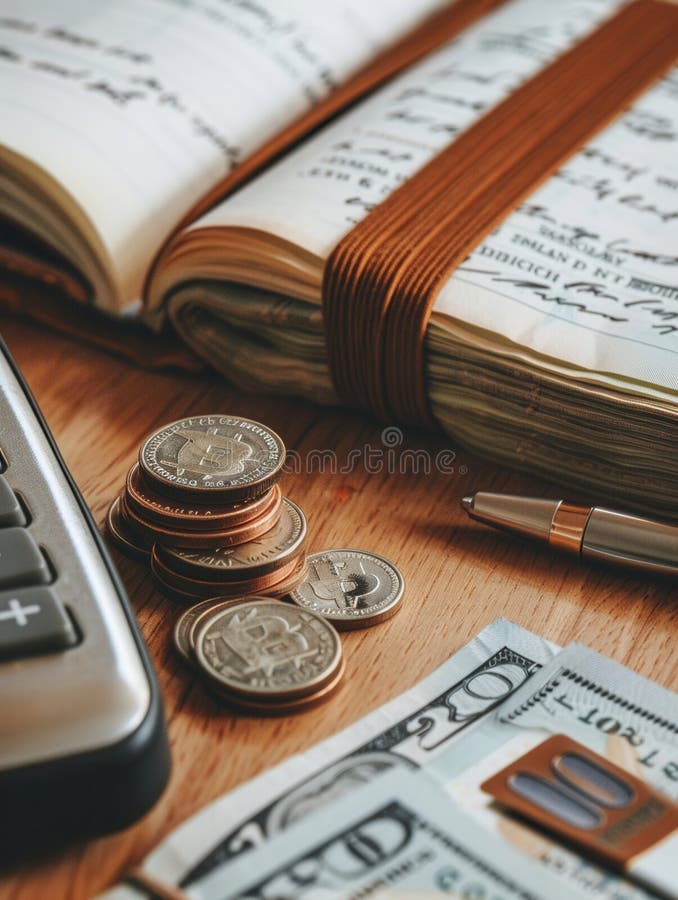 A Stack of Cash and Coins Sits Next To an Open Notebook Filled with ...