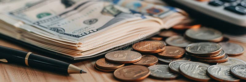 A Stack of Cash and Coins Sits Next To an Open Notebook Filled with ...