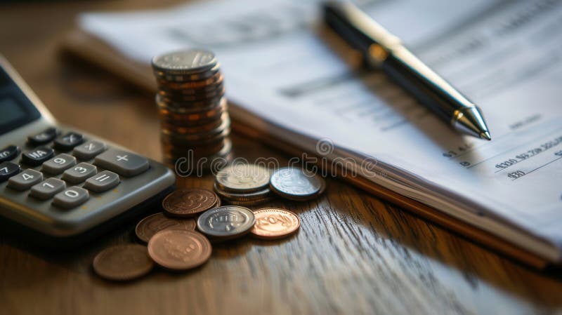 A Stack of Cash and Coins Sits beside an Open Notebook Filled with ...