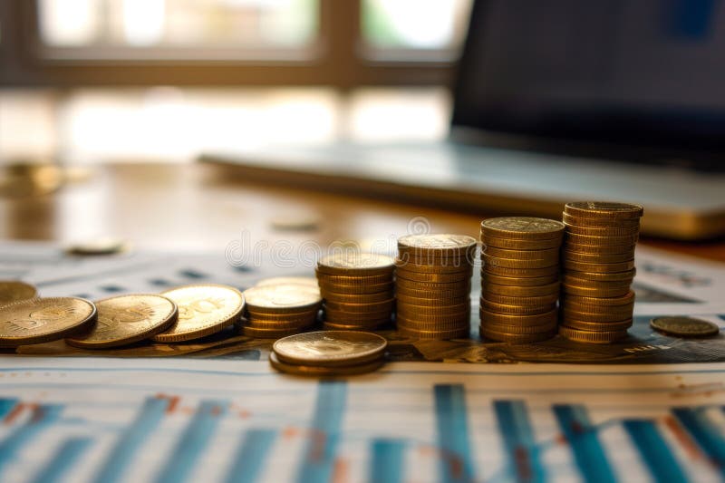 A Stack of Cash Coins on the Table with a Graph of Profit, Growth ...