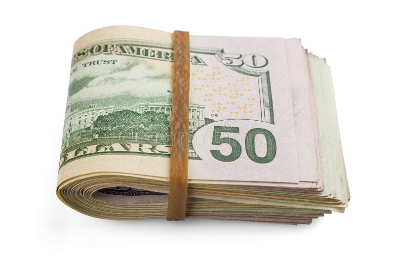 Stack of Cash Dollars, Bent in Half, Under the Elastic Band is Isolated ...
