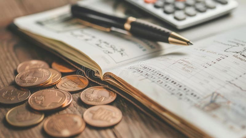 A Stack of Cash, Scattered Coins, and an Open Notebook Filled with ...