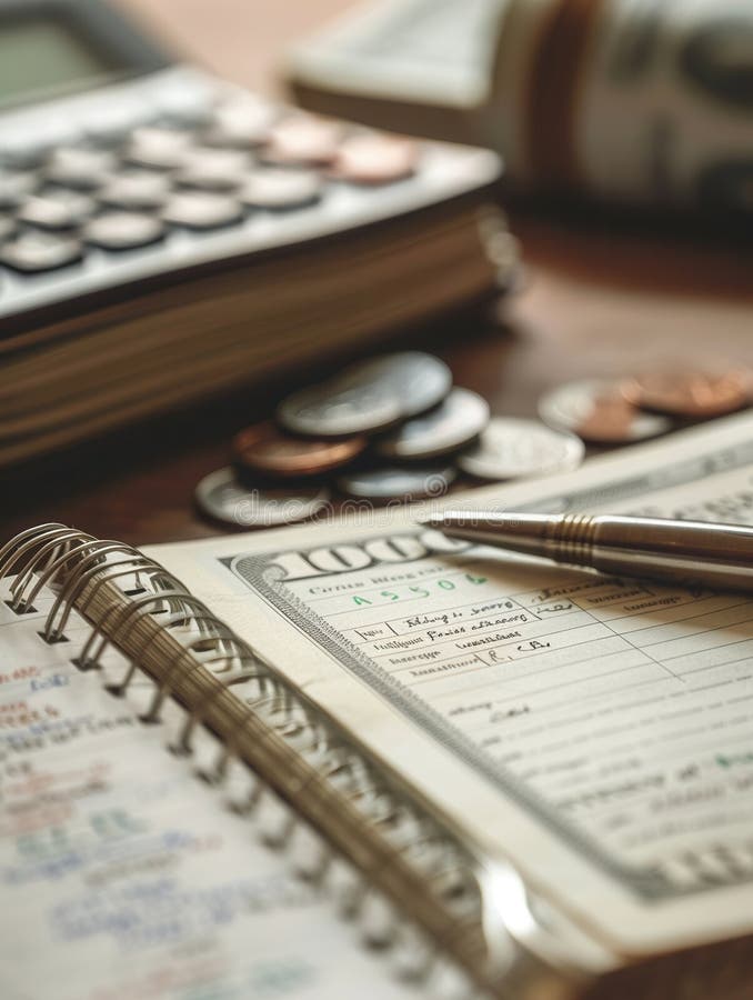 A Stack of Cash, Scattered Coins, and an Open Notebook Filled with ...