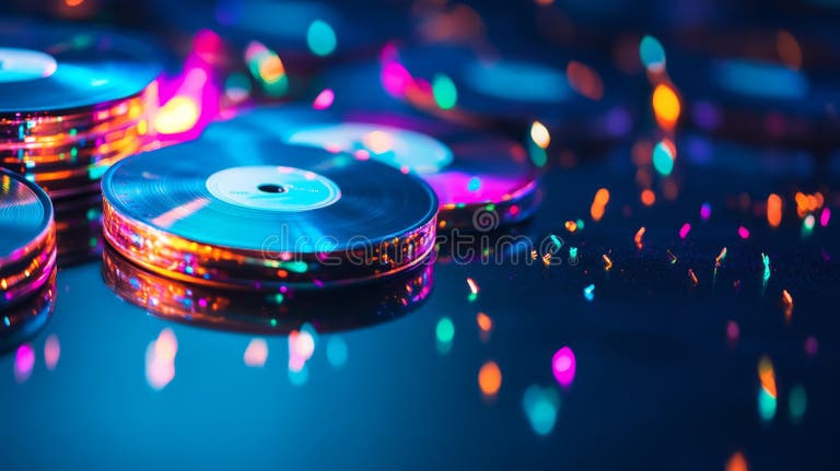 A Stack of CDs on a Blue Background Illuminated by Neon Lights the CDs ...