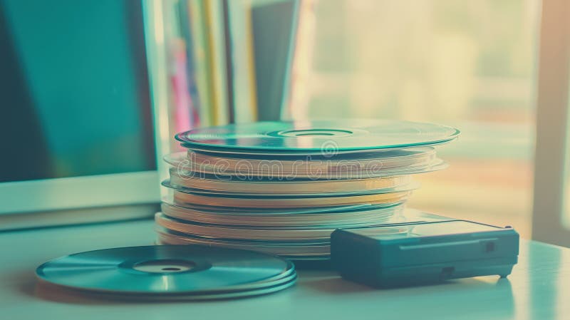 Stack of CDs with Portable Player on Desk Stock Photo - Image of analog ...