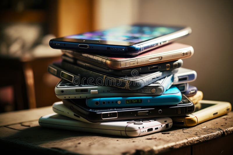 Stack of Cell Phones Sitting on Top of Each Other on Top of Table ...