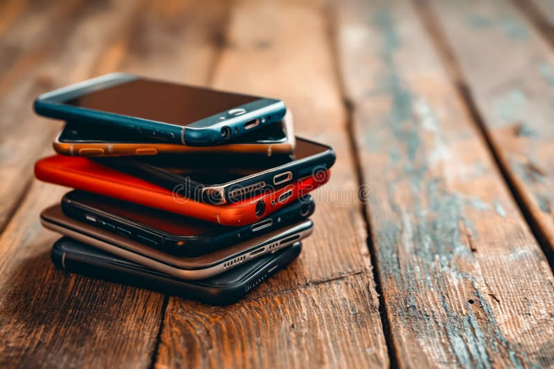 A Stack of Cell Phones Sitting on Top of Each Other on a Wooden Table ...