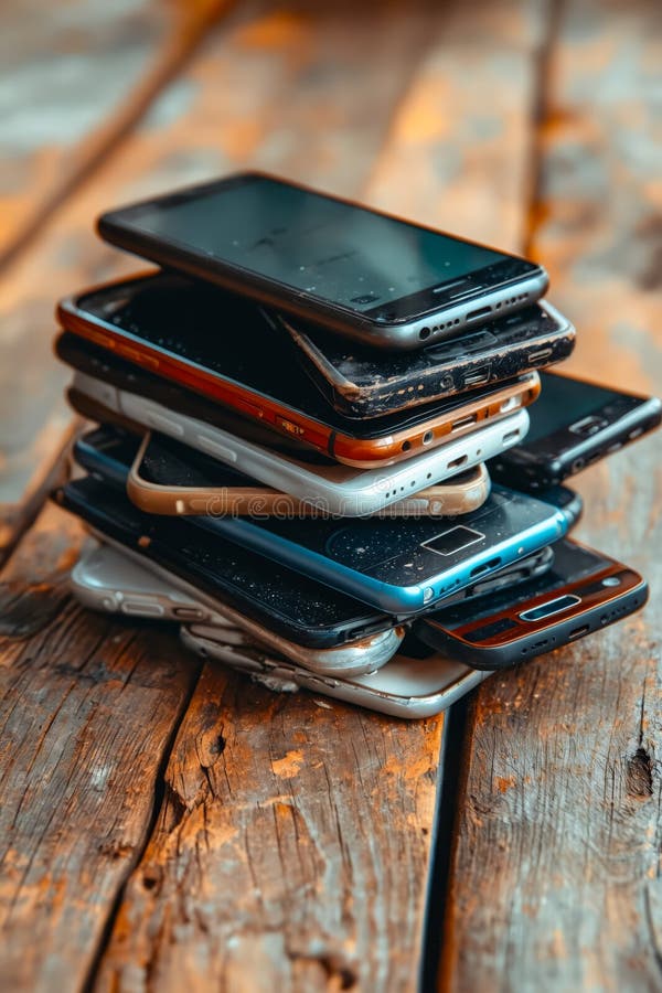 A Stack of Cell Phones Sitting on Top of Each Other on a Wooden Table ...