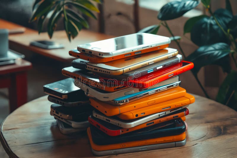 A Stack of Cell Phones Sitting on Top of a Wooden Table. Generative AI ...