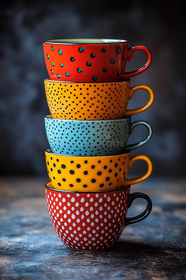 Stack of Ceramic Cups with a Pattern on a White Background. Image is ...