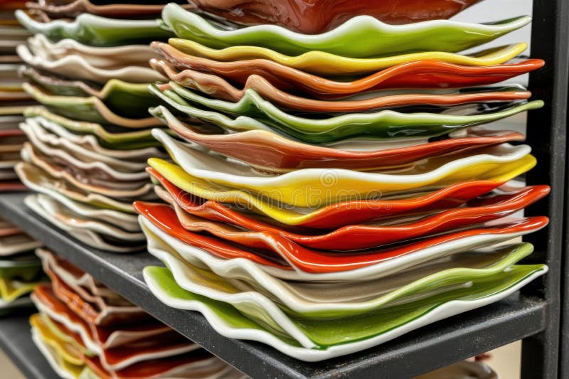 Stack of Ceramic Plates Displayed on Shelf with Colorful Artistic Theme ...