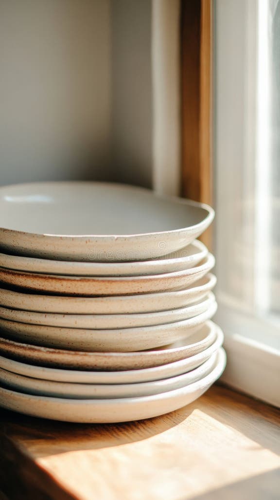 Stack of Ceramic Plates by Sunlit Window in Rustic Kitchen, AI ...